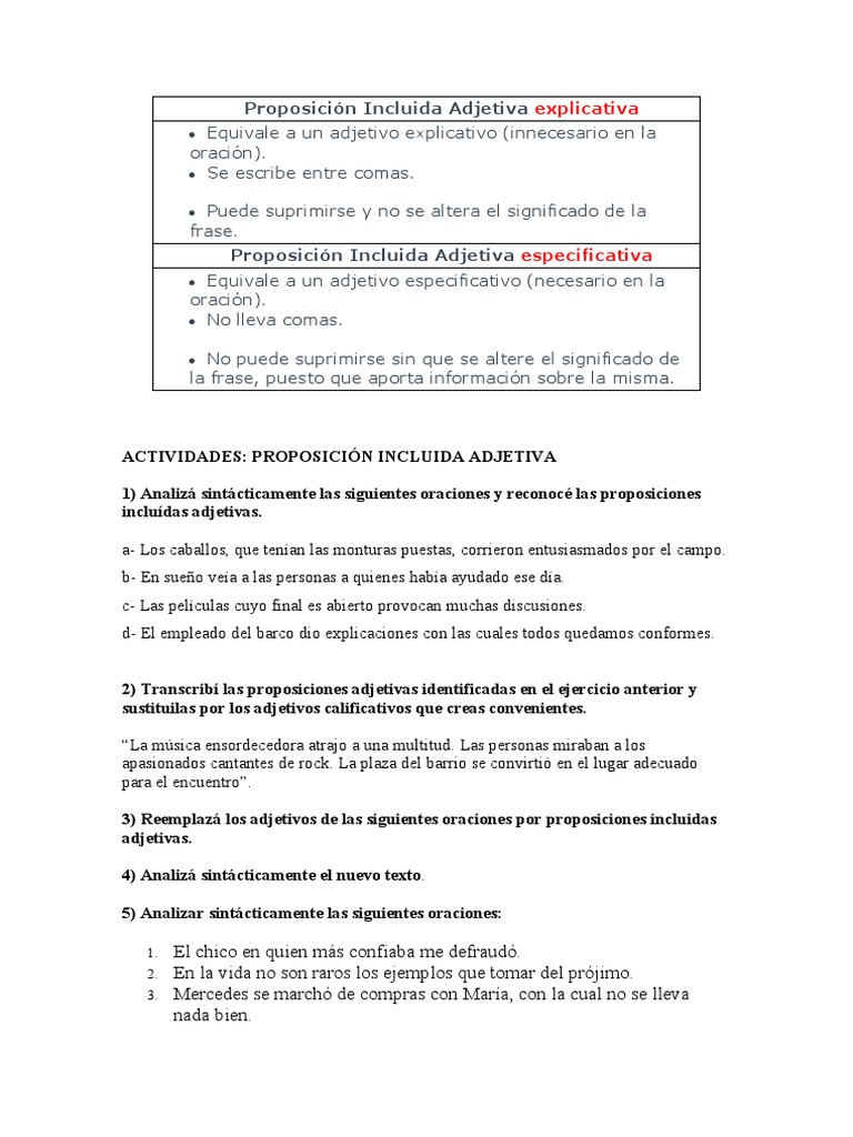 Actividades para Practicar Proposición Incluida Adjetiva | PDF ...