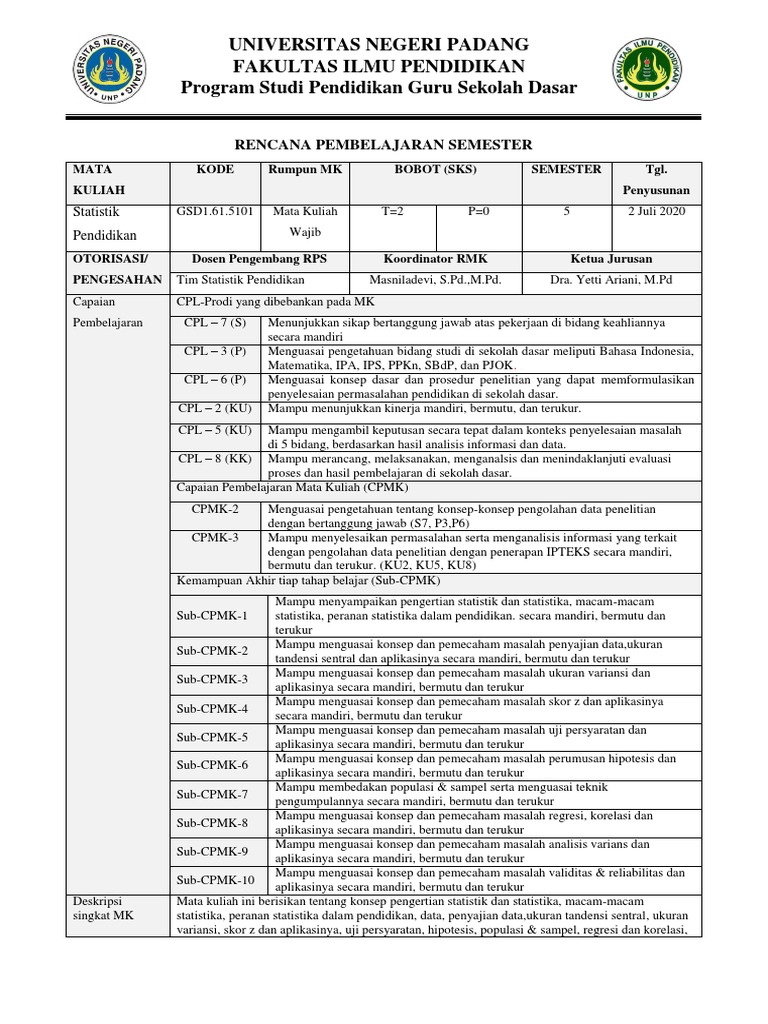 RPS Statistik Pendidikan 2020 | PDF