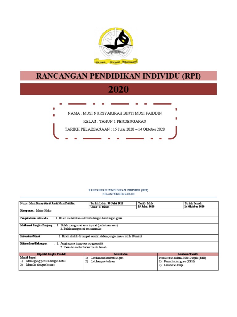 Contoh Rancangan Pengajaran Individu Rpi | PDF