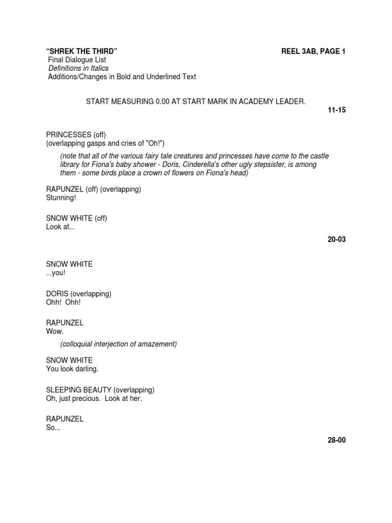 "Shrek The Third" Reel 3ab, Page 1 Final Dialogue List | PDF | Hansel ...