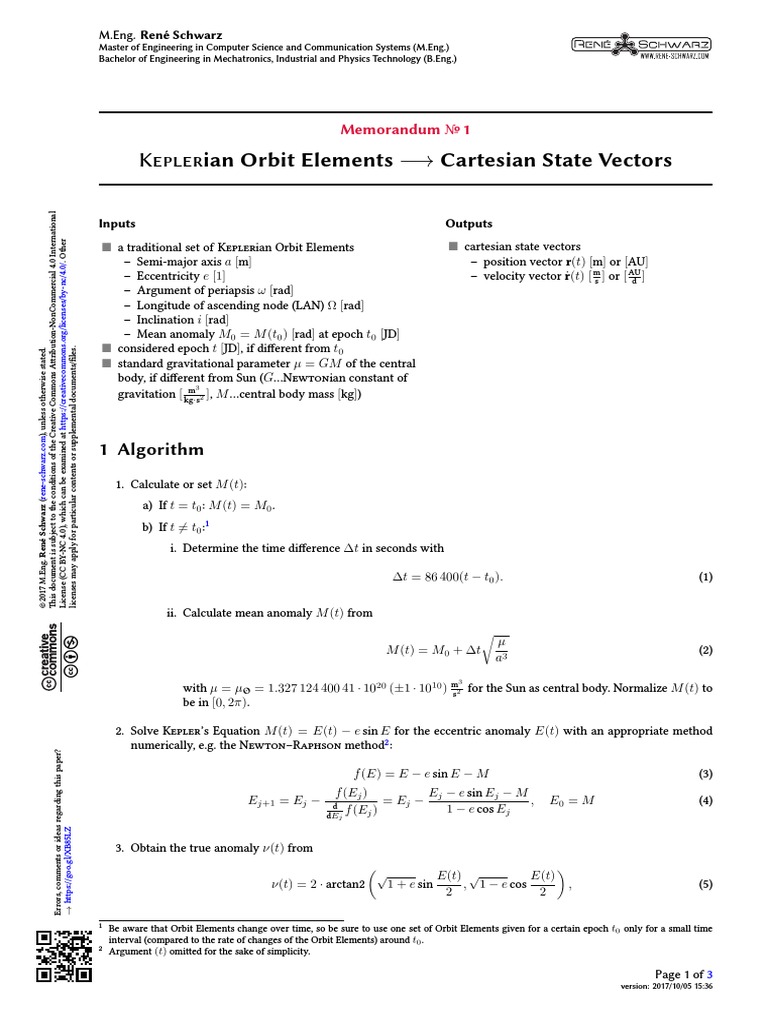 Keplerian Orbit Elements: Cartesian State Vectors | PDF | Outer Space ...