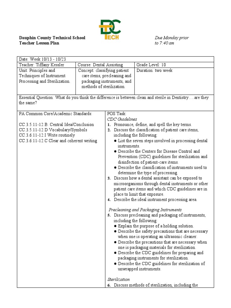 Lesson Plan Instrument Sterilization-10 13 To 10 16 Sophmores | PDF ...