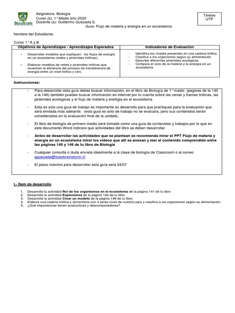 1° Medio Biología Guía de Trabajo Flujo de Materia y Energía en Un ...