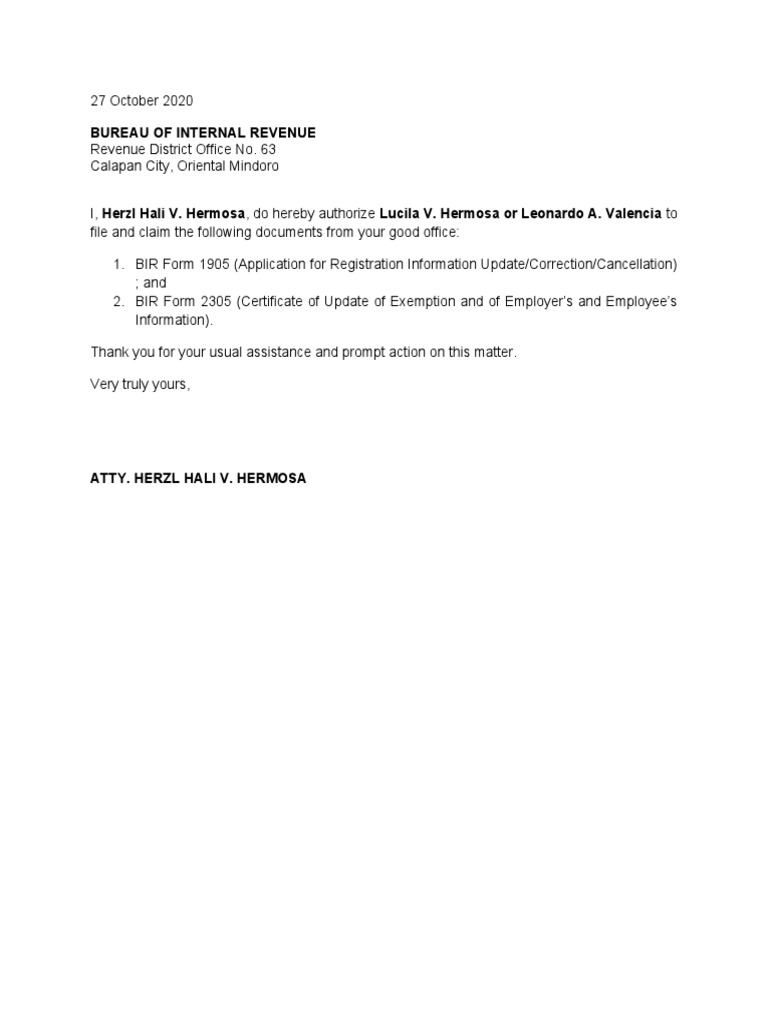 Authorization Letter - BIR | PDF
