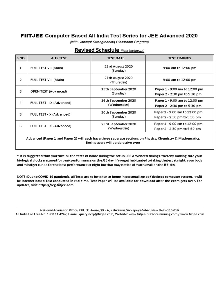 Revised Schedule: FIITJEE Computer Based All India Test Series For JEE ...