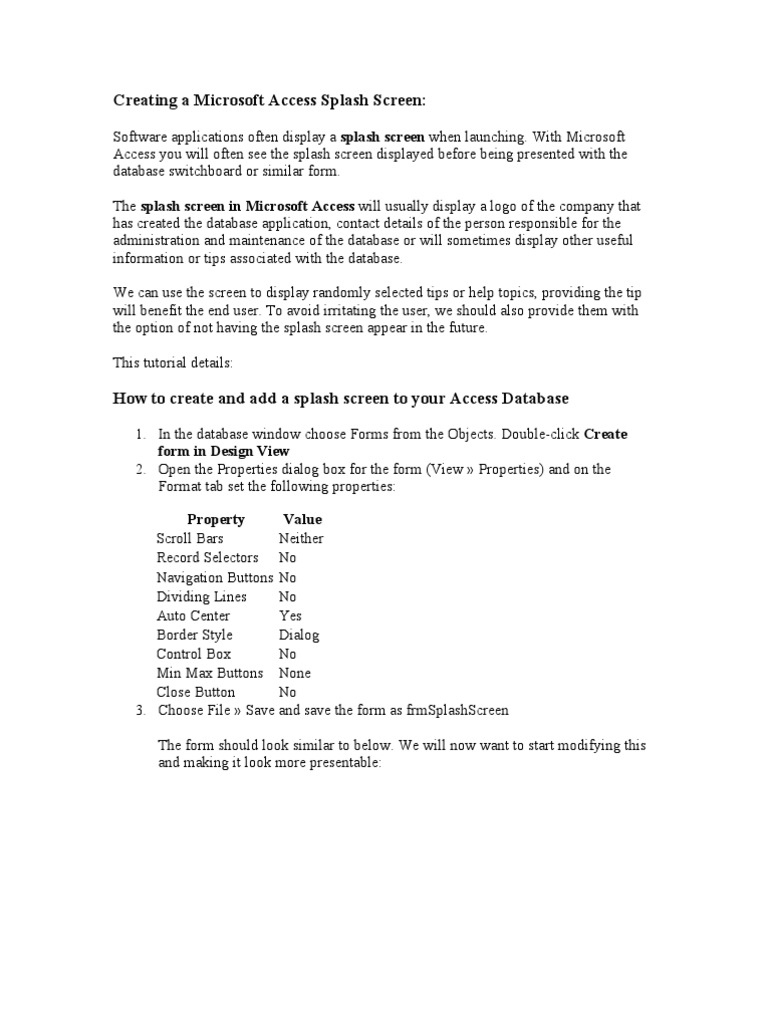 Creating A Microsoft Access Splash Screen | PDF | Microsoft Access ...