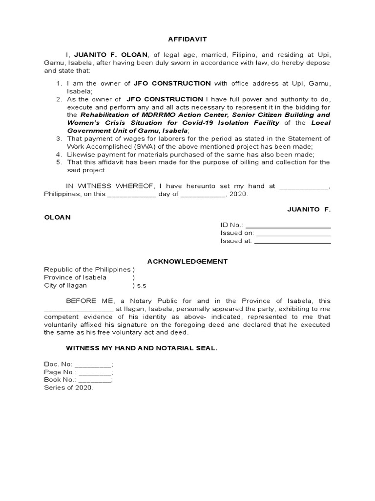 Affidavit of Contractors Re Payment of Laborers and Materials2 | PDF