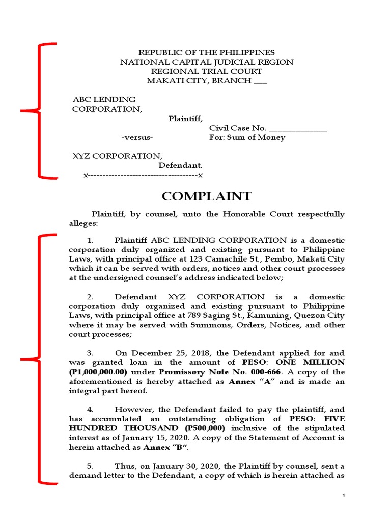 Sample Complaint For Sum of Money | PDF | Lawsuit | Complaint