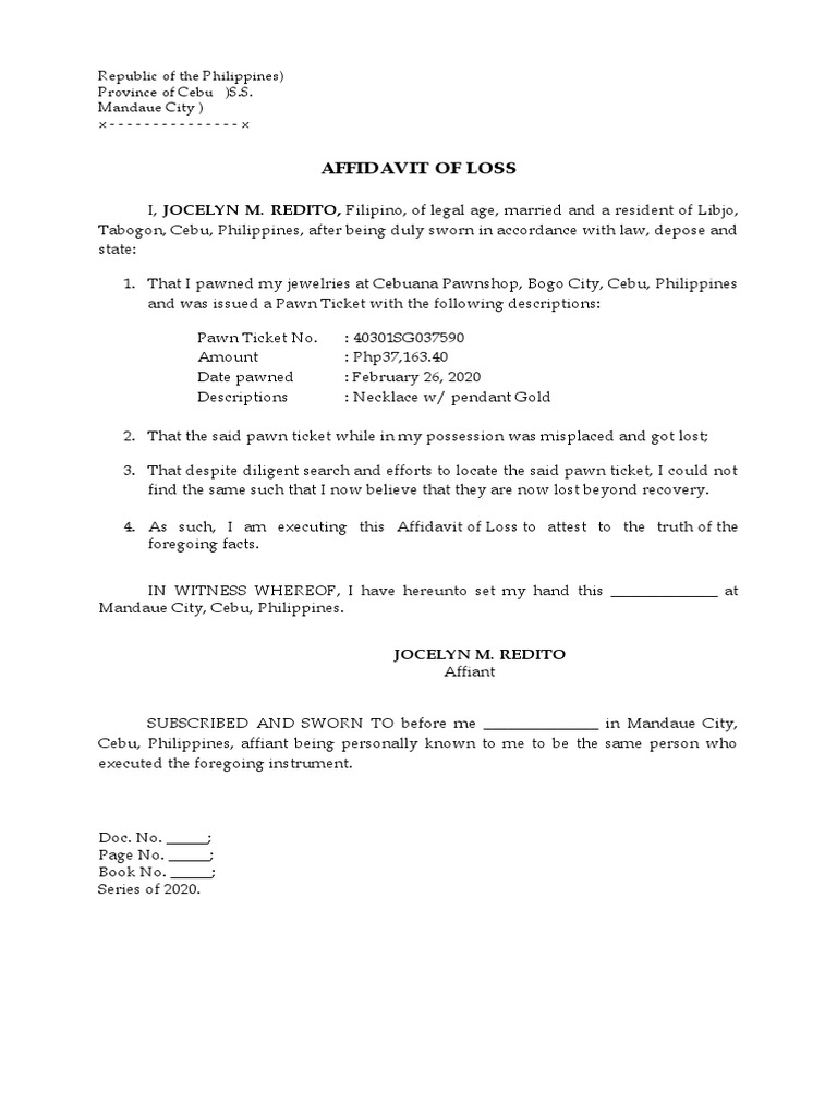 AFFIDAVIT of Loss - Pawn Ticket-Cebuana | PDF