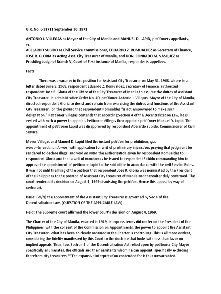 Manila Assistant City Treasurer Case | PDF | Mandamus | Repeal