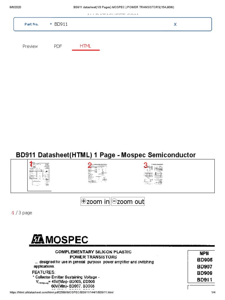 BD911 Datasheet (1 - 3 Pages) MOSPEC - POWER TRANSISTORS (15A, 90W) | PDF | Transistor | Mosfet