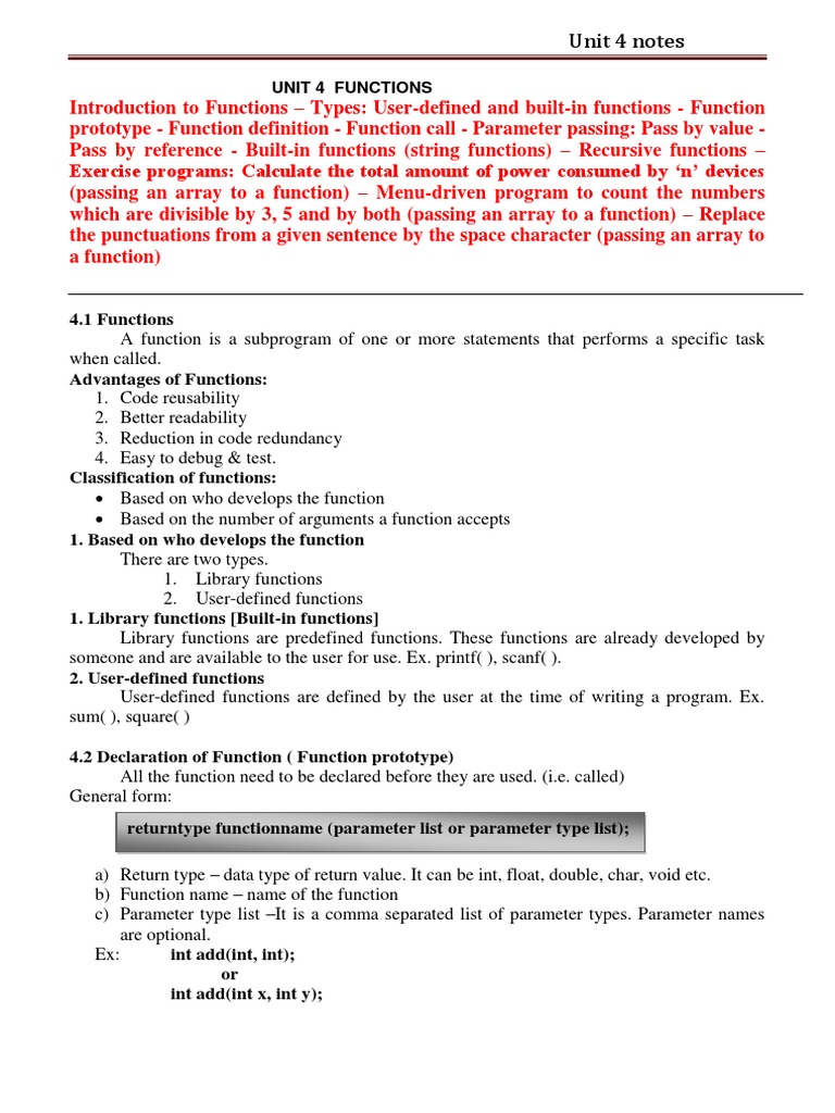 C Programing Unit 4 Notes | Download Free PDF | Parameter (Computer ...