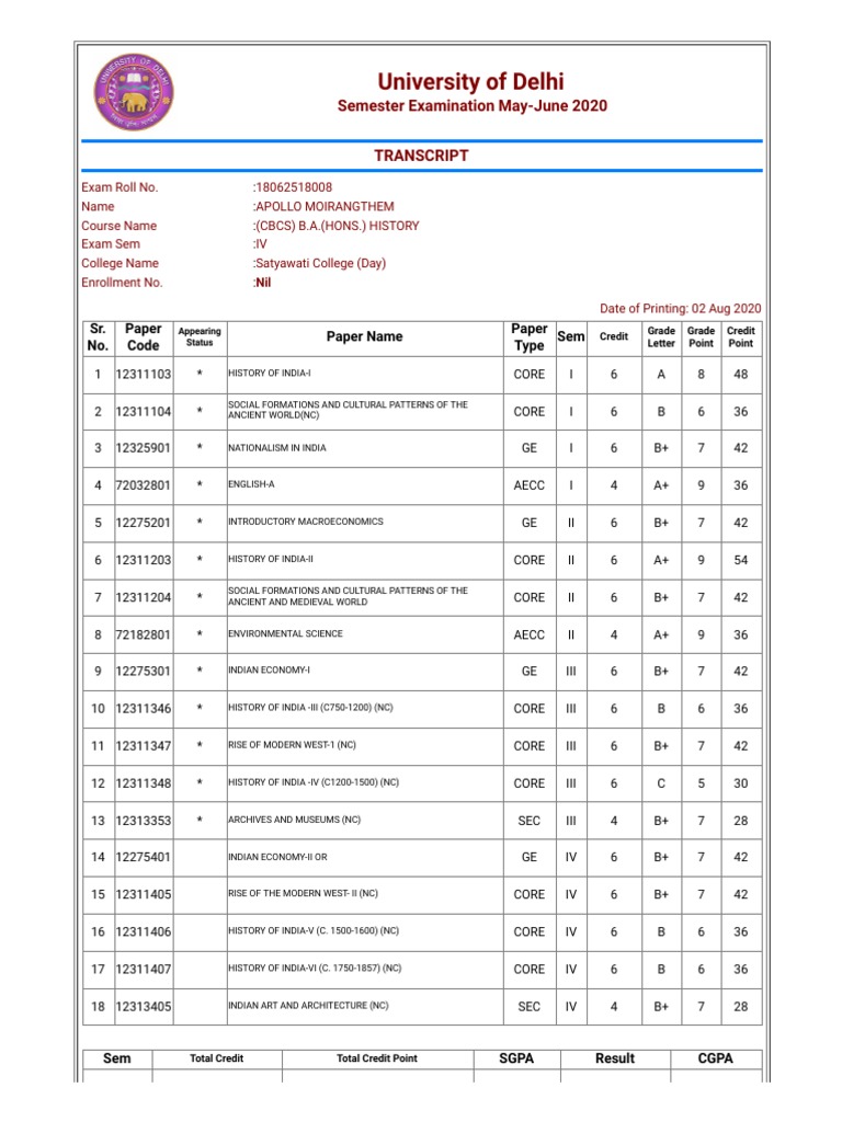 University of Delhi: Semester Examination May-June 2020 Transcript | PDF