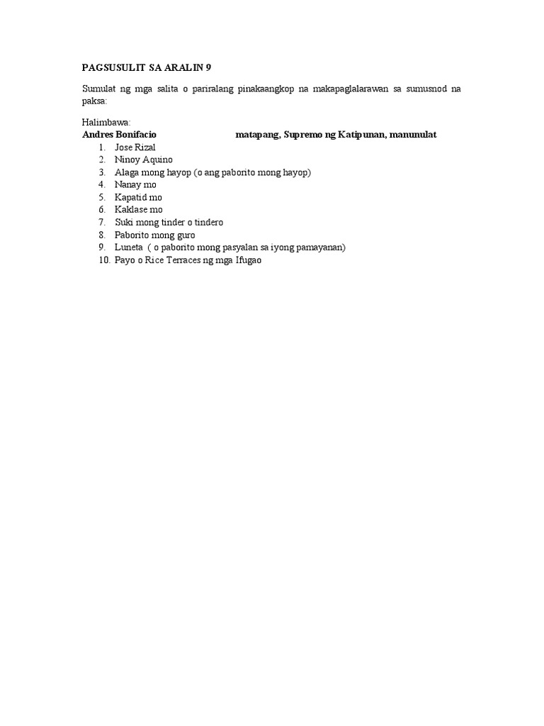 Pagsusulit Sa Aralin 9 | PDF