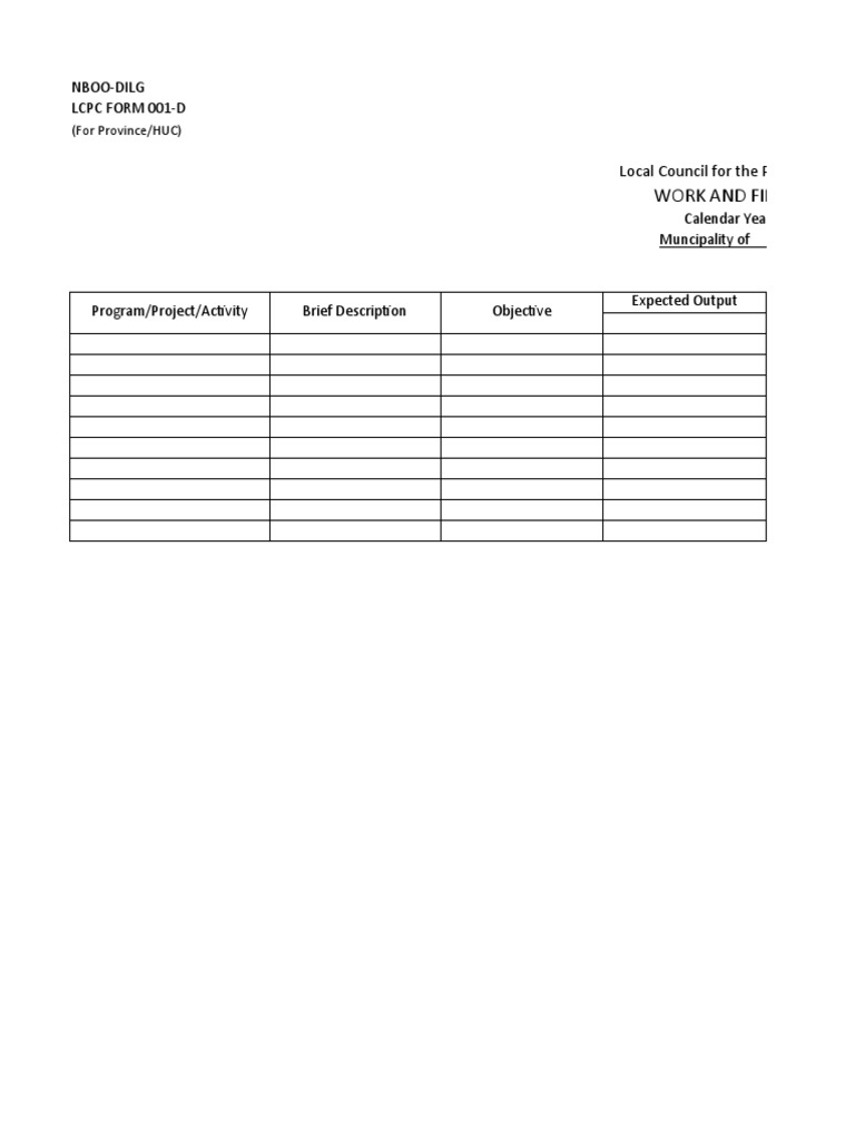Work and Financial Plan: Nboo-Dilg LCPC Form 001-D | PDF