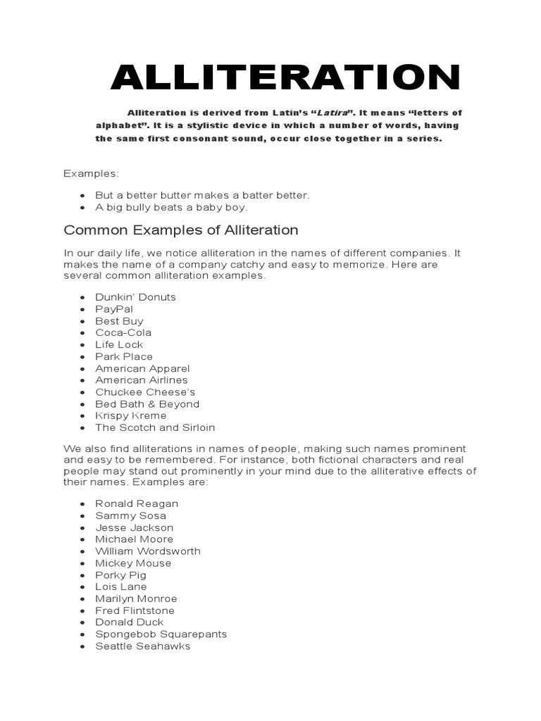 Alliteration: Common Examples of Alliteration | PDF