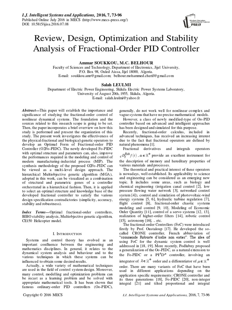 Review, Design, Optimization and Stability Analysis of Fractional-Order ...