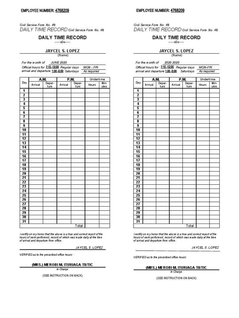 Daily Time Record - Civil Service Form | PDF | Teaching Mathematics ...