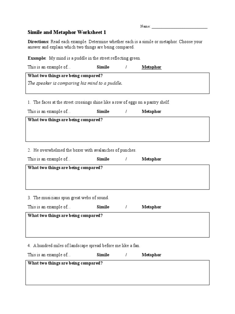Simile and Metaphor Worksheet 1 | PDF | Metaphor
