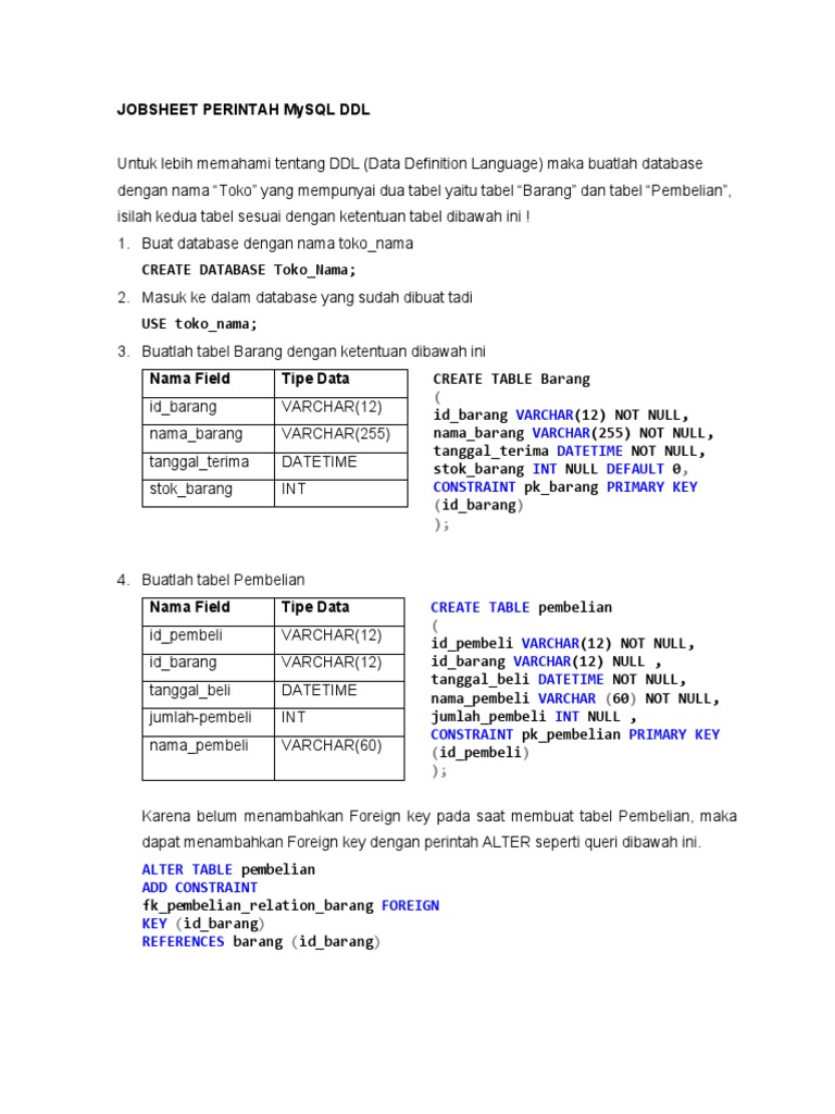 Jobsheet Perintah MySQL DDL PDF | PDF