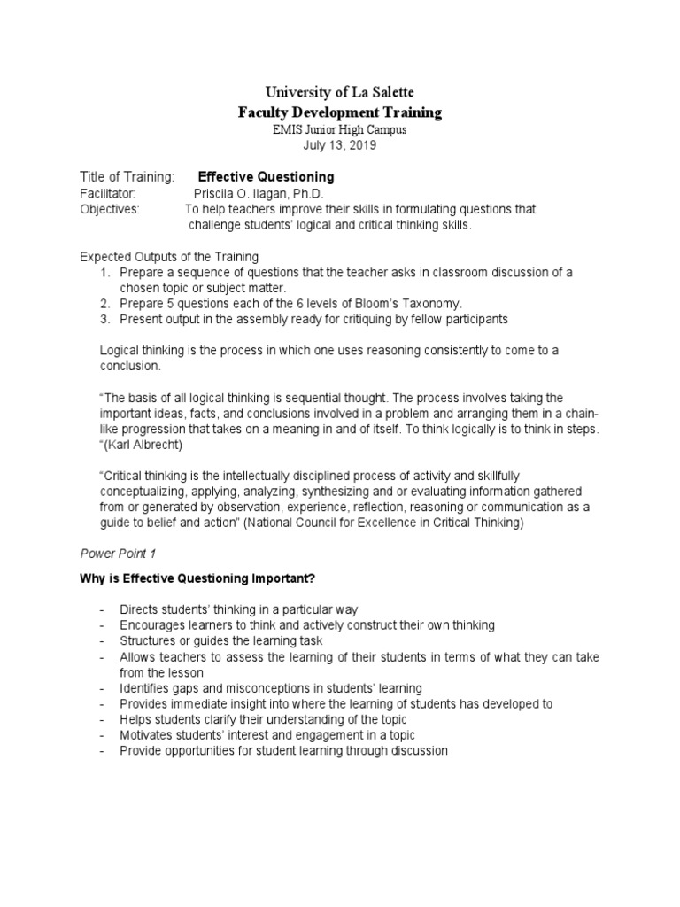 Cultivating Critical Thinking through Effective Questioning: A Faculty ...