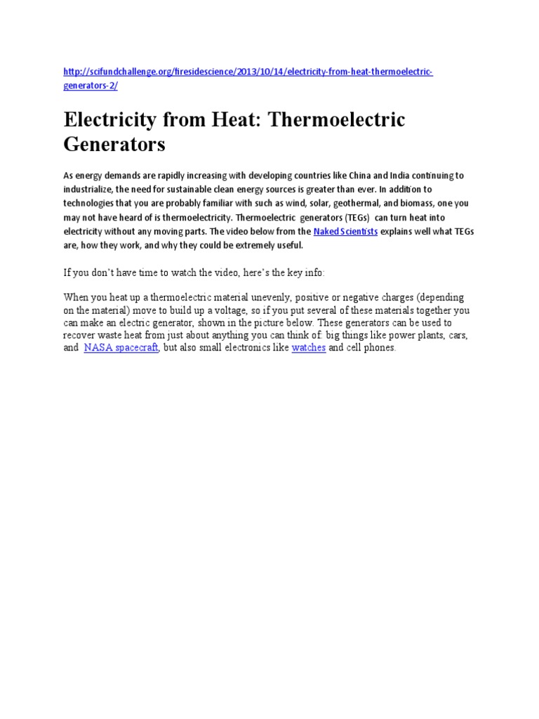 Electricity From Heat: Thermoelectric Generators | PDF | Electric ...