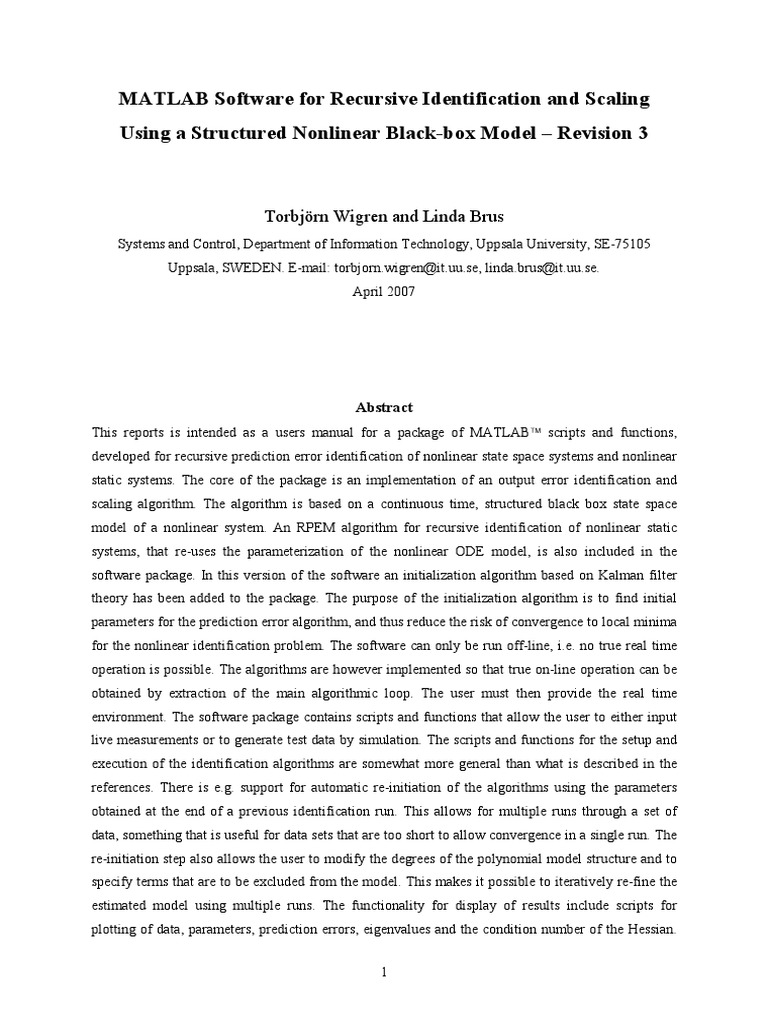 Matlab Software For Recursive Identification And Scaling Using A Structured Nonlinear Black Box 
