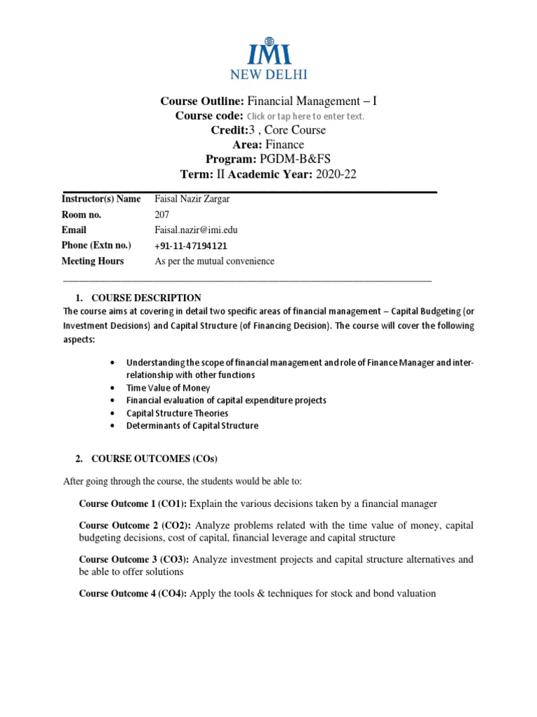 Course Outline: Financial Management - I Course Code: Credit:3, Core ...