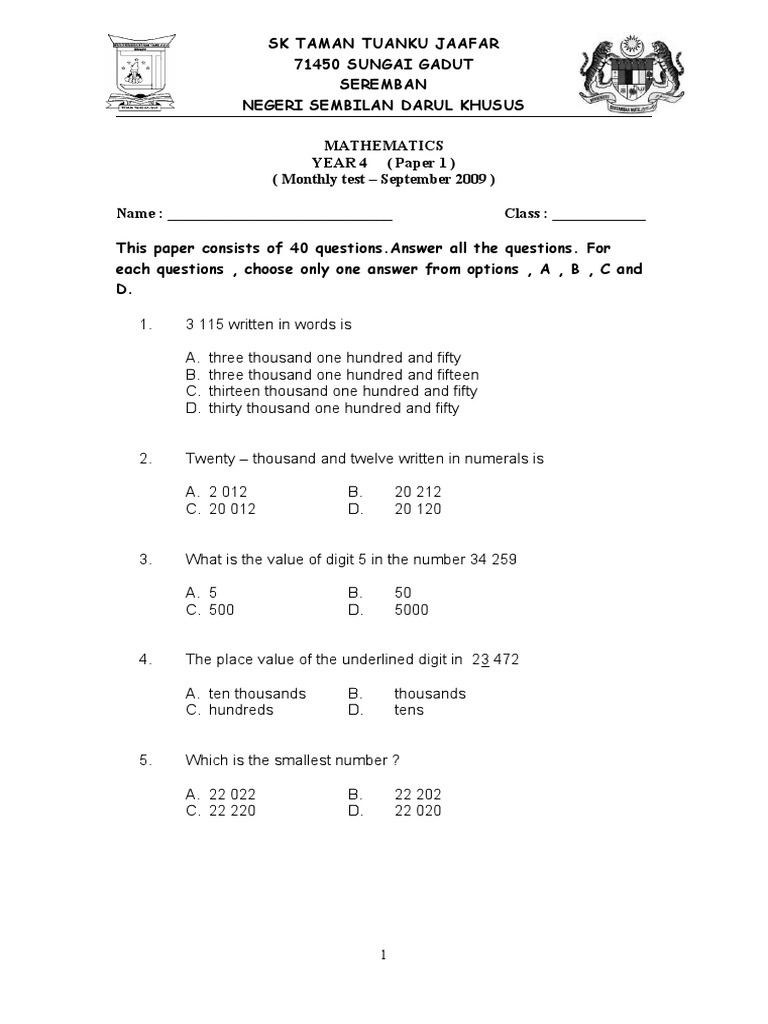 Mathematics Year 4 Paper 1 September 2009 PDF Elementary