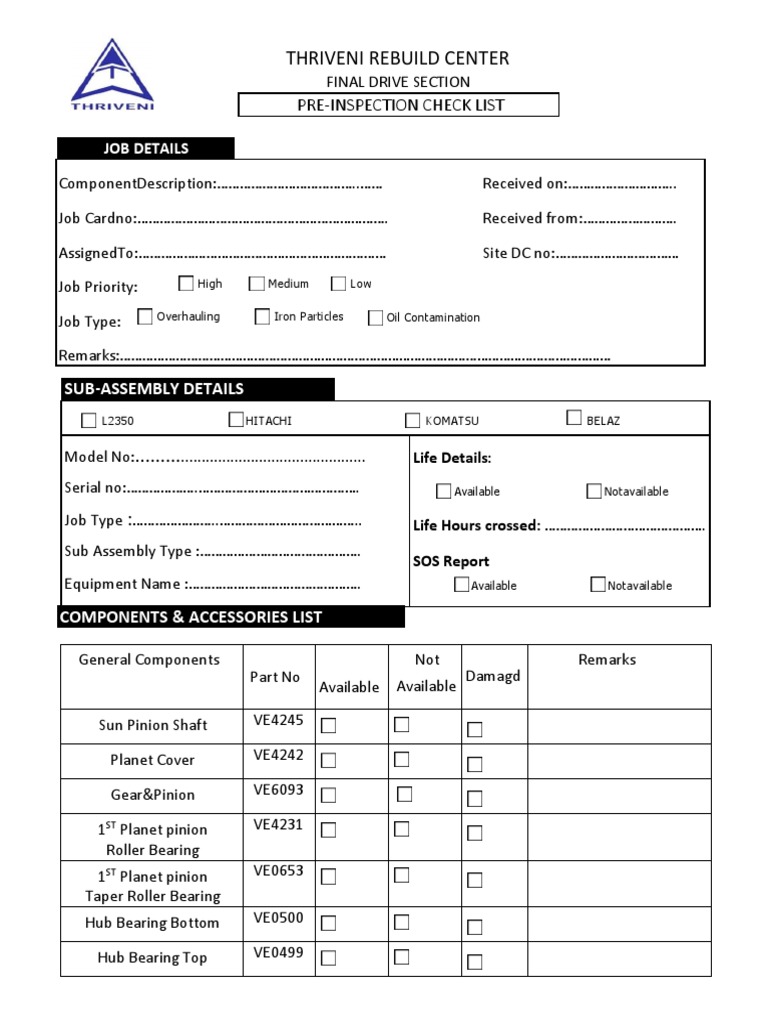 Final Drive Checklist | PDF | Bearing (Mechanical) | Vehicles