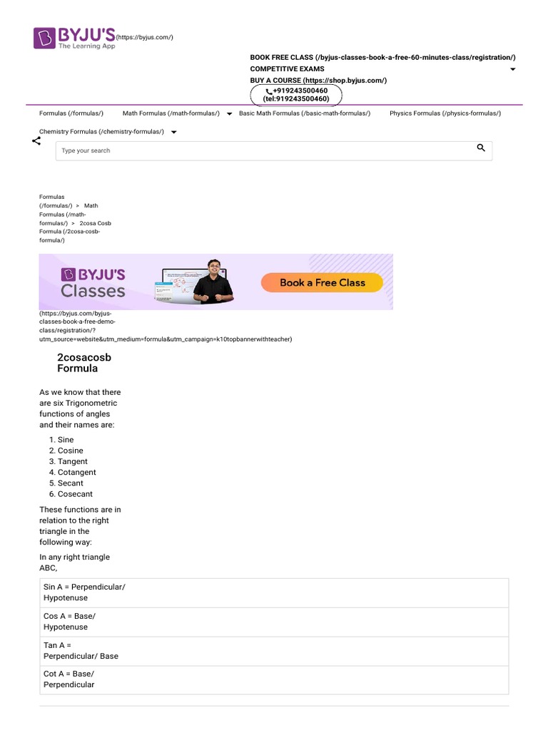 2cosacosb Formula and Other Trigonometric Formulas | PDF | Geometric ...