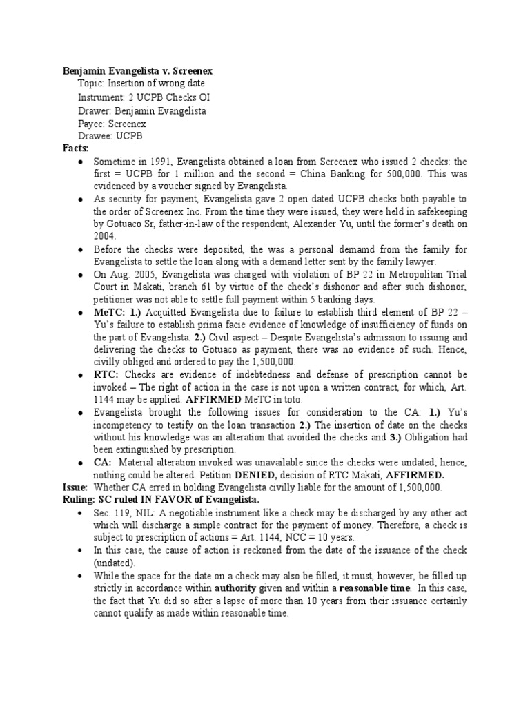 Benjamin Evangelista V Screenex Digest | PDF | Cheque | Payments