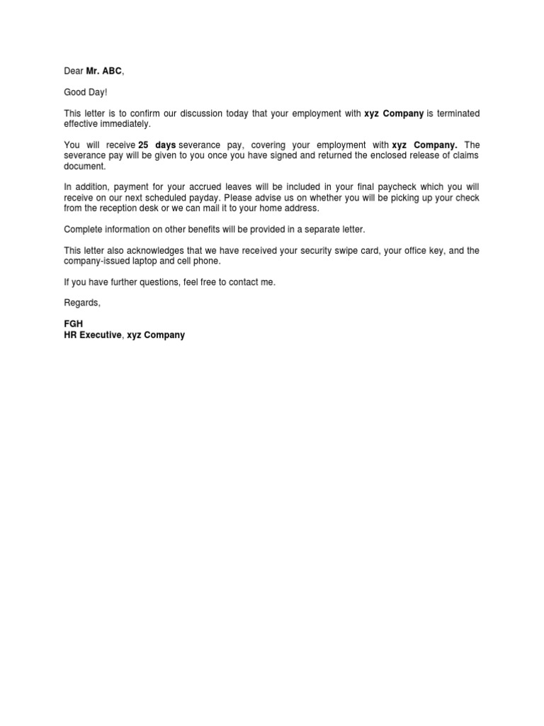 Job Termination Letter - Sample PDF | PDF