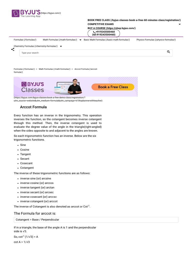 Arccot Formula (Inverse Cotangent) With A Detailed Example PDF | PDF ...