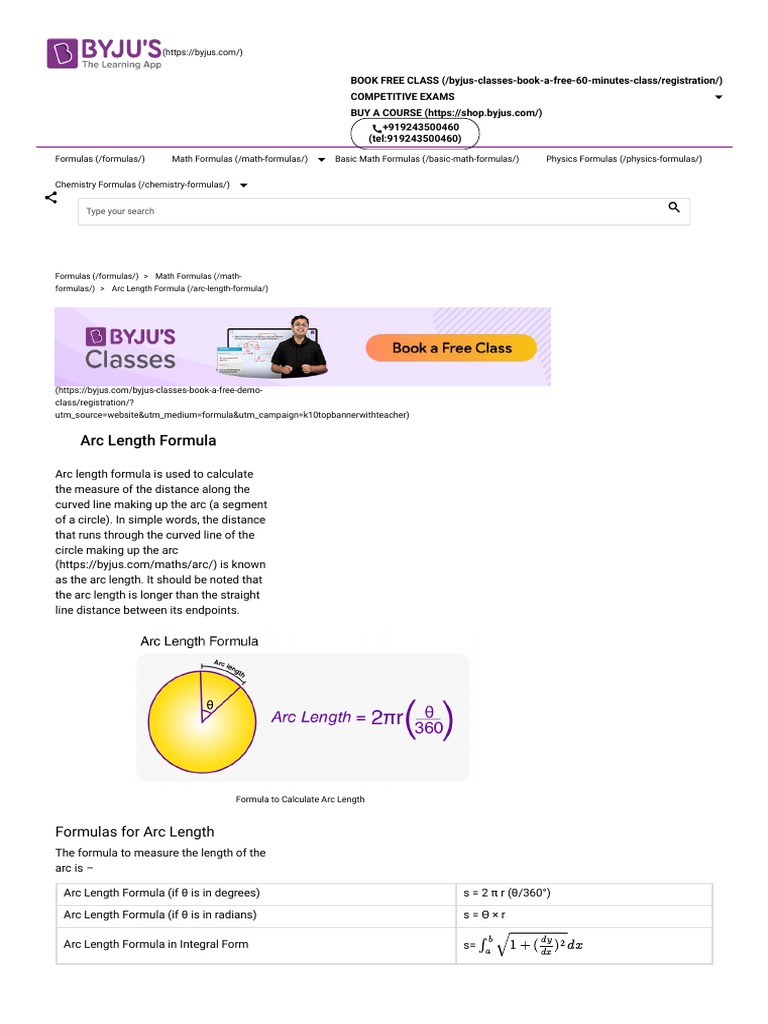 Arc Length Formula - Formula To Calculate Arc Length With Solved ...
