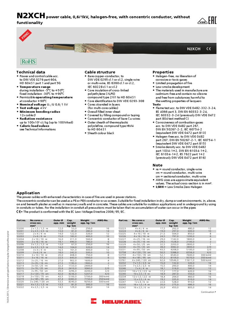 N2Xch: Power Cable, 0,6/1kV, Halogen-Free, With Concentric Conductor ...