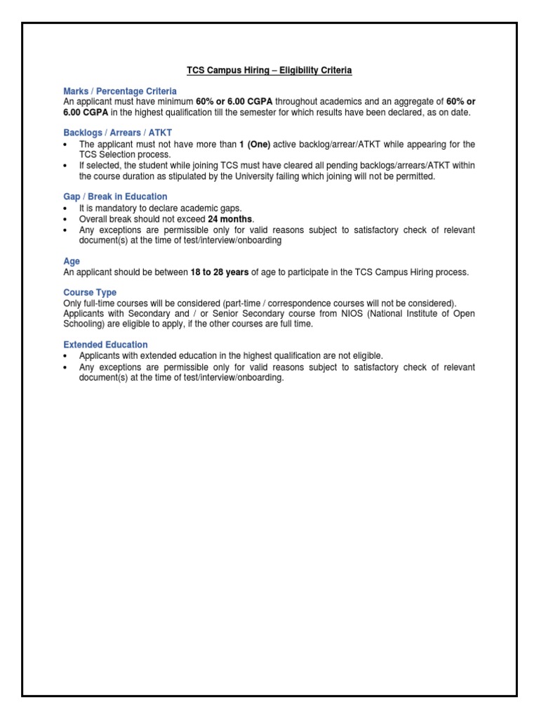 TCS Eligibility Criteria Campus Hiring 2021 | PDF