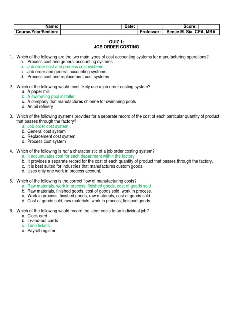 Job Order Costing Quiz and Solutions | PDF | Inventory | Accounting