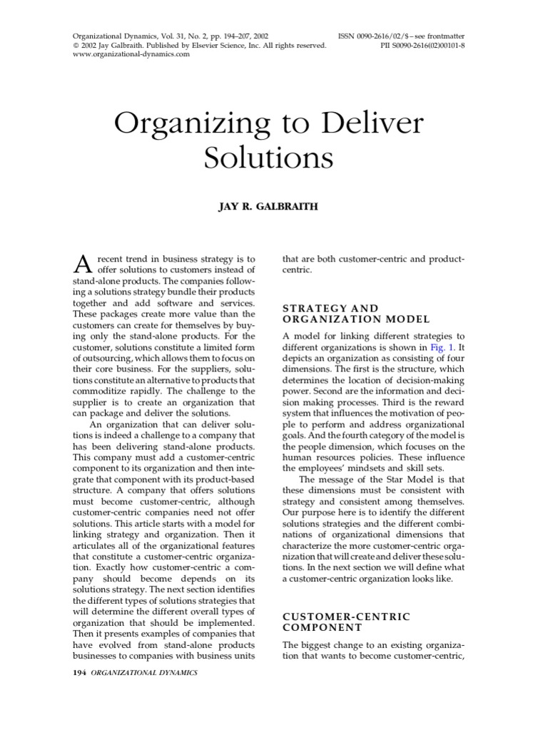 Galbraith, J. (2002) - Organizing To Deliver Solutions. Organizational ...