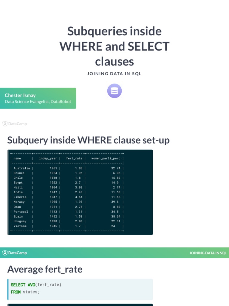 Subqueries Inside Where and Select Clauses: Chester Ismay | PDF | Computer Data | Data ...
