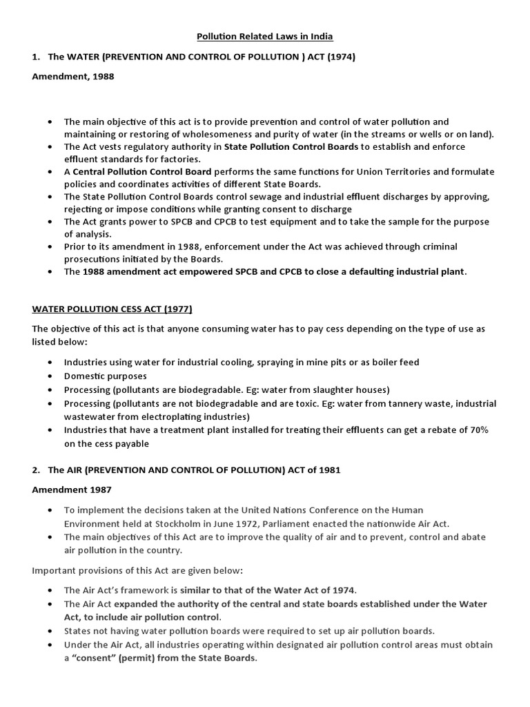Pollution Related Laws in India 1. The Water (Prevention and Control of ...