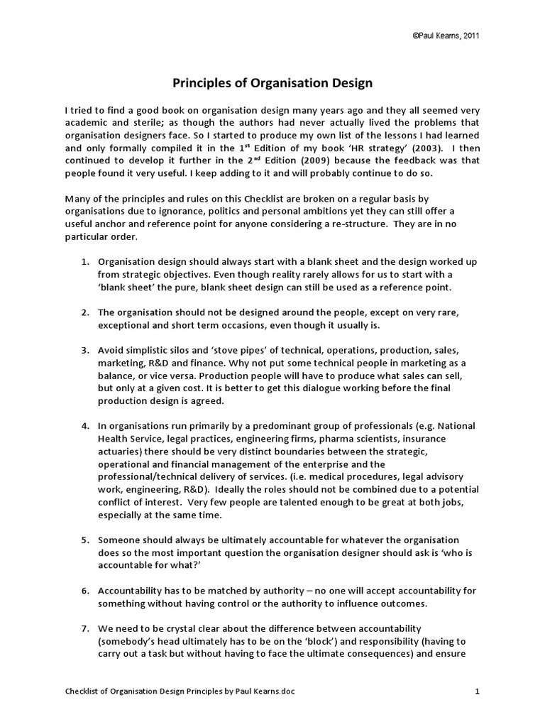 Checklist of Organisation Design Principles by Paul Kearns | PDF ...
