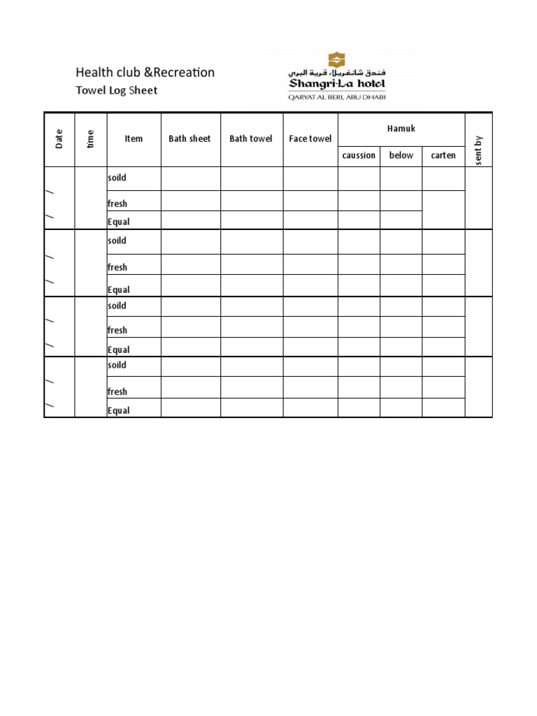Health Club &recreation: Towel Log Sheet | PDF