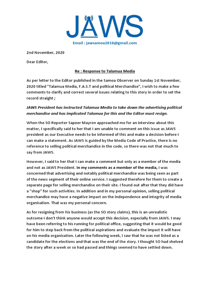 Letter To Samoa and Talamua | PDF | News | Public Sphere