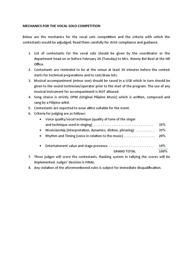 Vocal Solo Competition Rules | PDF | Games & Activities