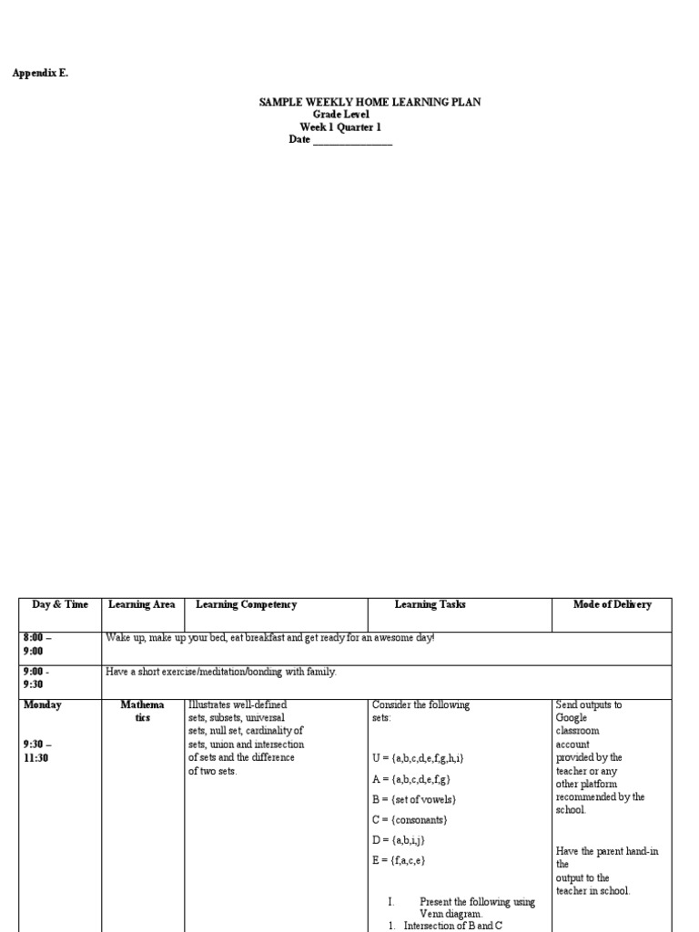 Weekly Home Learning Plan (Sample Template) | PDF | Inclusion ...
