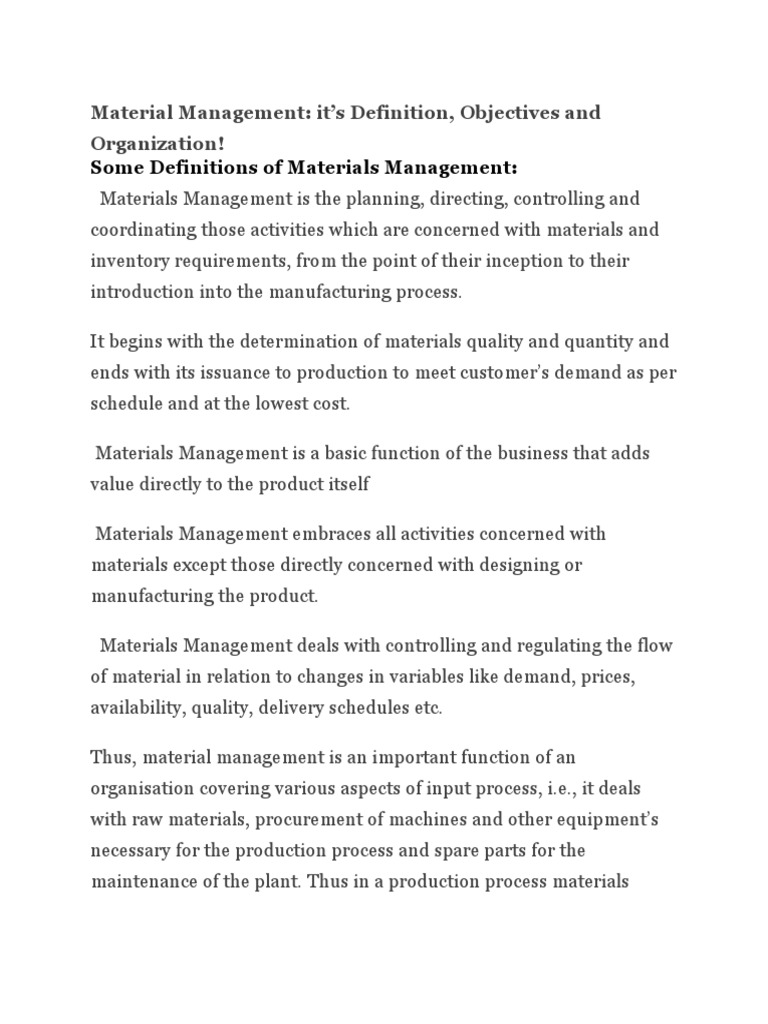 Some Definitions of Materials Management:: Material Management: It's ...