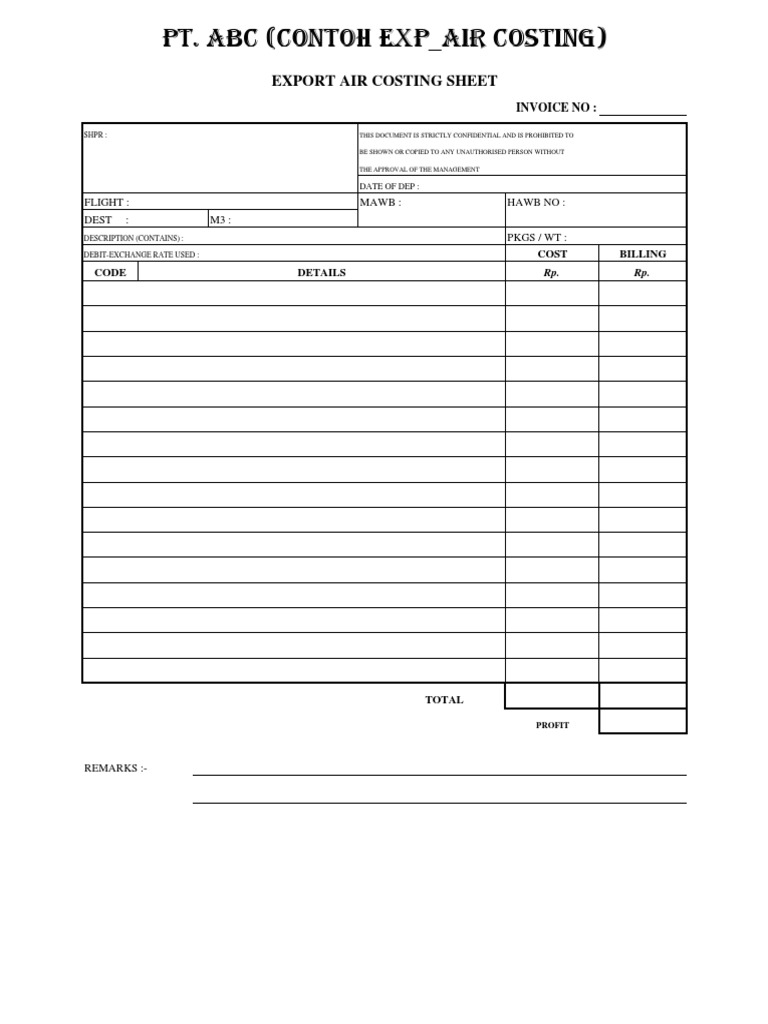 Contoh Export Air Freight Costing | PDF