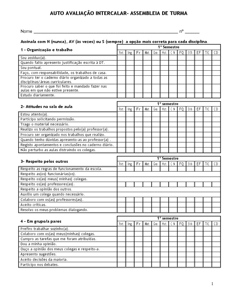 Autoavaliação Intercalar do Aluno | PDF
