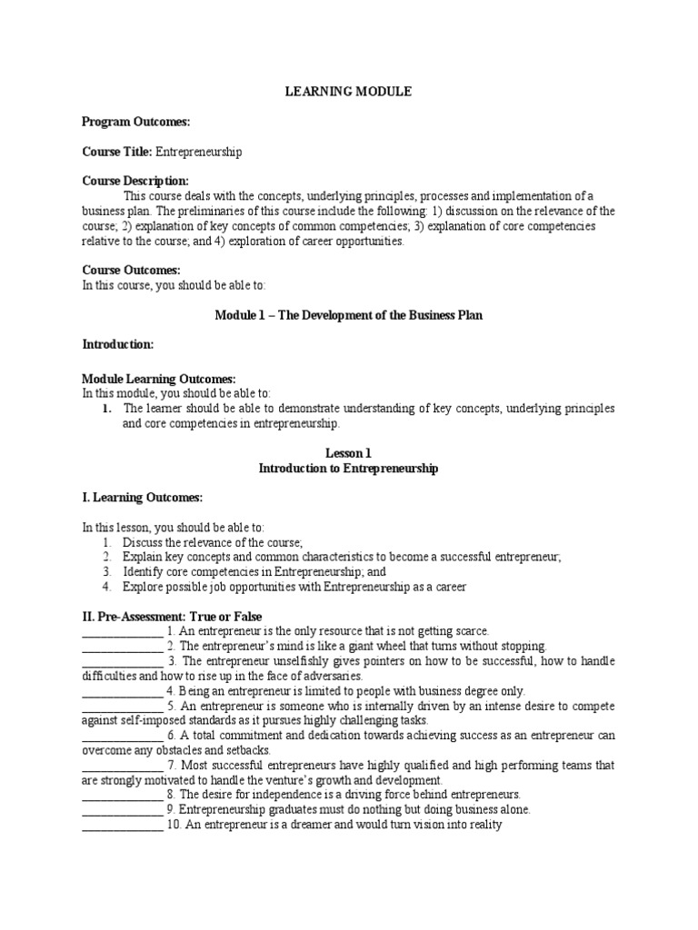LEARNING MODULE Entrep Lesson 1-2 | PDF | Entrepreneurship | Economies